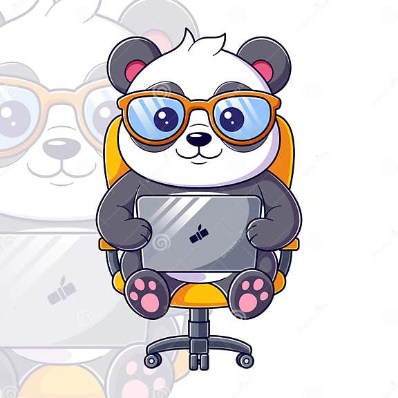 Cute Panda is Working in Front of a Tablet Stock Vector - Illustration ...