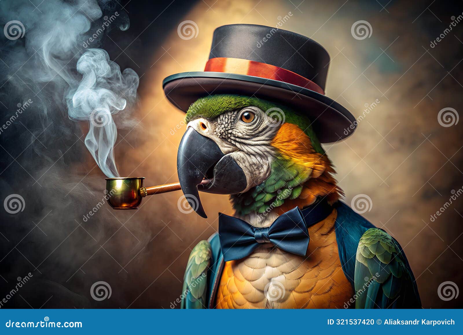 A Cute Parrot in a Cylinder Hat and Tie Smoking a Pipe. Stock ...