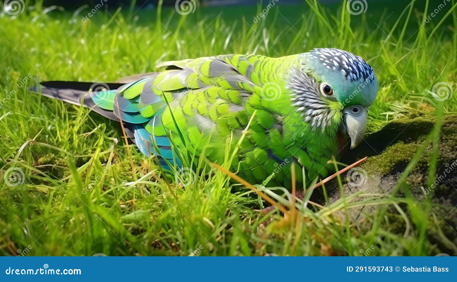Cute parrot lying on grass stock illustration. Illustration of life ...