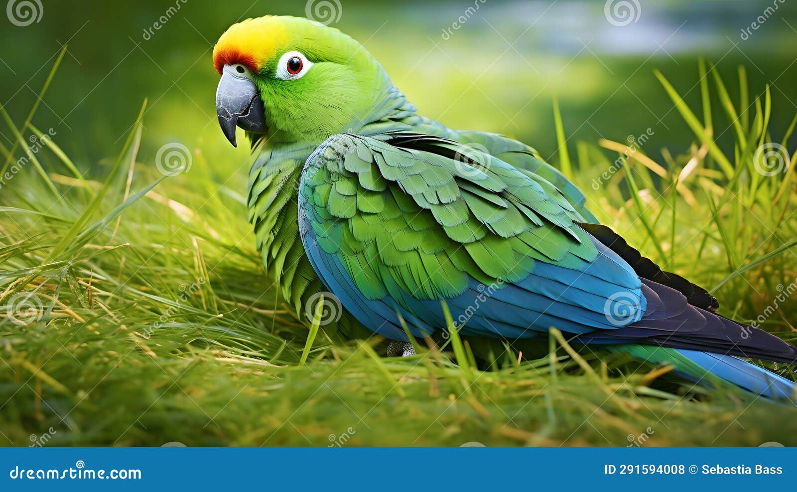 Cute parrot lying on grass stock illustration. Illustration of ...
