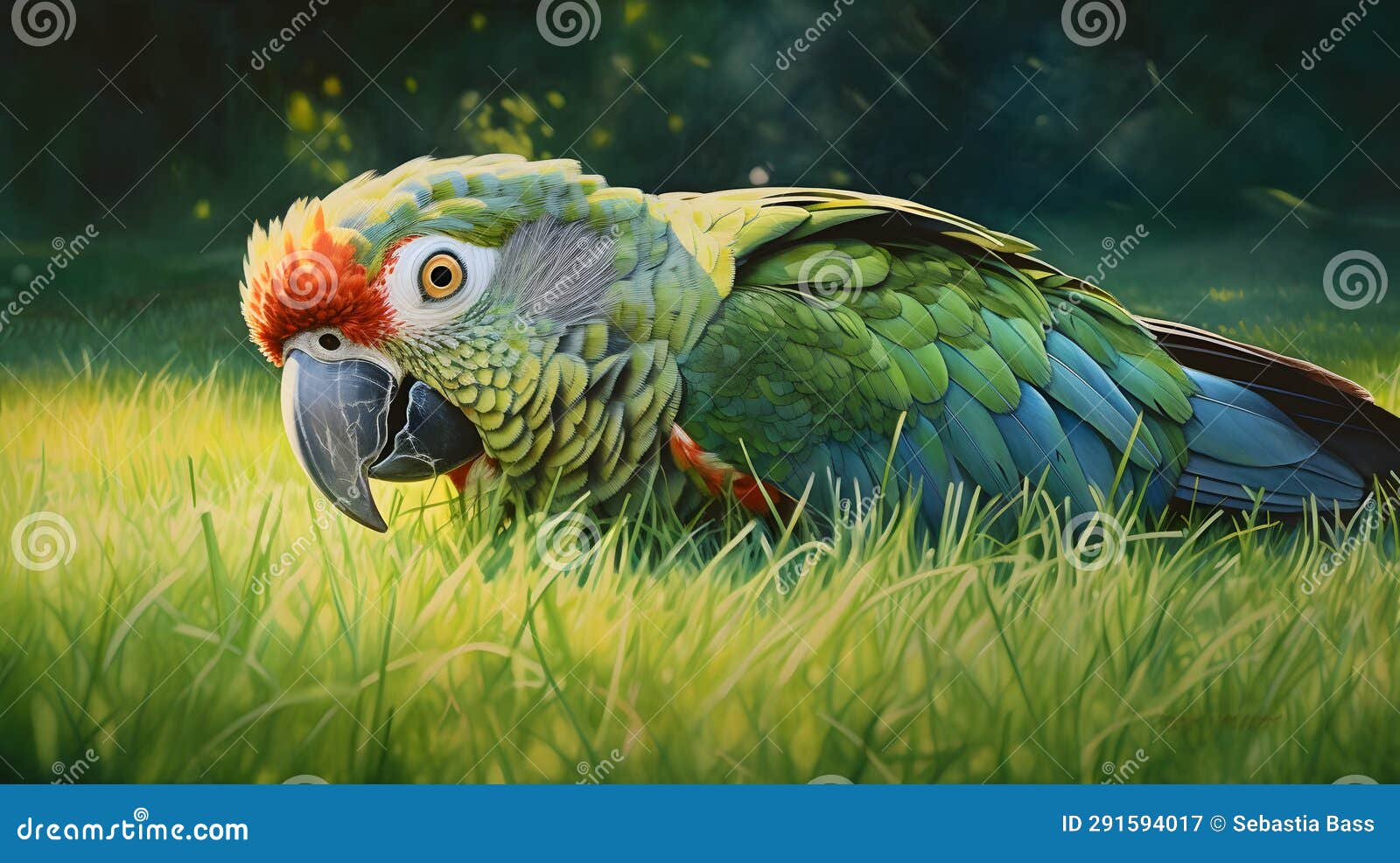 Cute parrot lying on grass stock illustration. Illustration of tropical ...