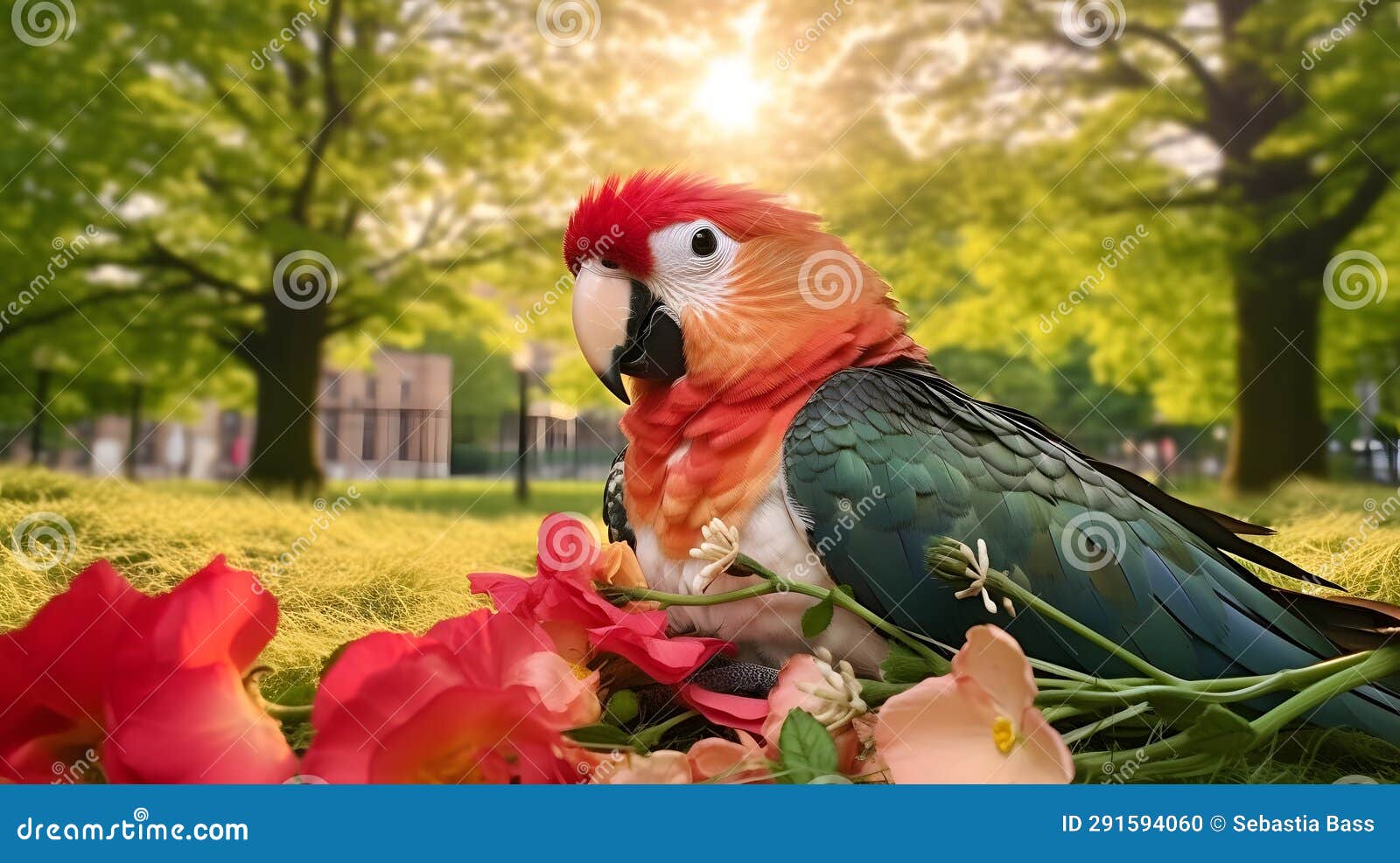 Cute parrot lying on grass stock illustration. Illustration of ...