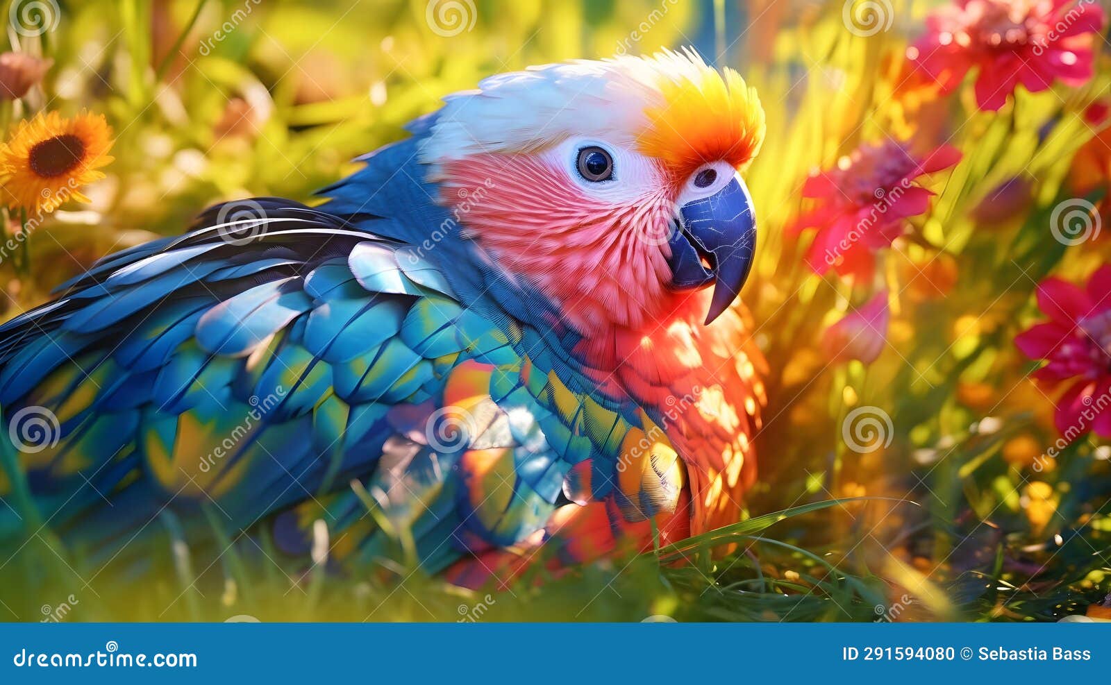 Cute parrot lying on grass stock illustration. Illustration of parrot ...