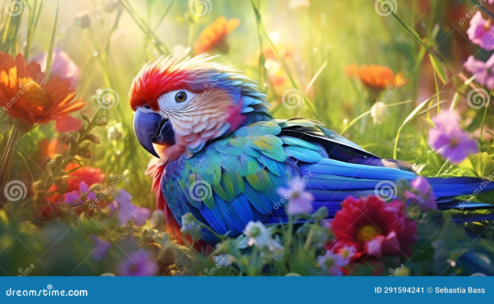 Cute parrot lying on grass stock illustration. Illustration of bird ...