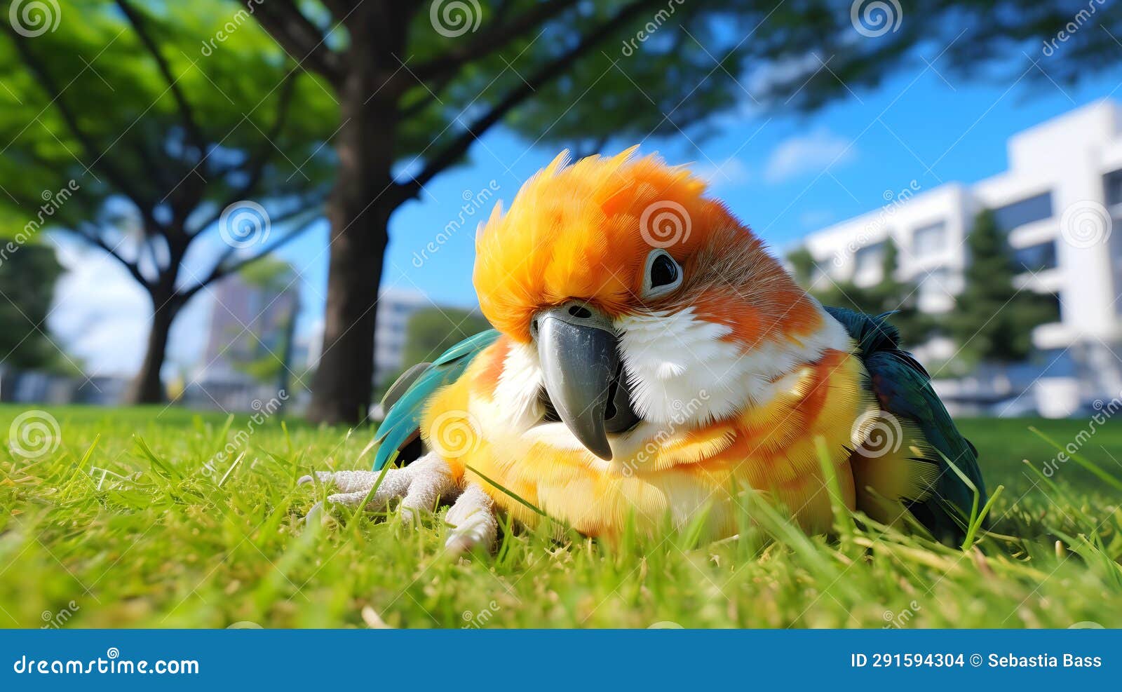 Cute parrot lying on grass stock illustration. Illustration of gold ...