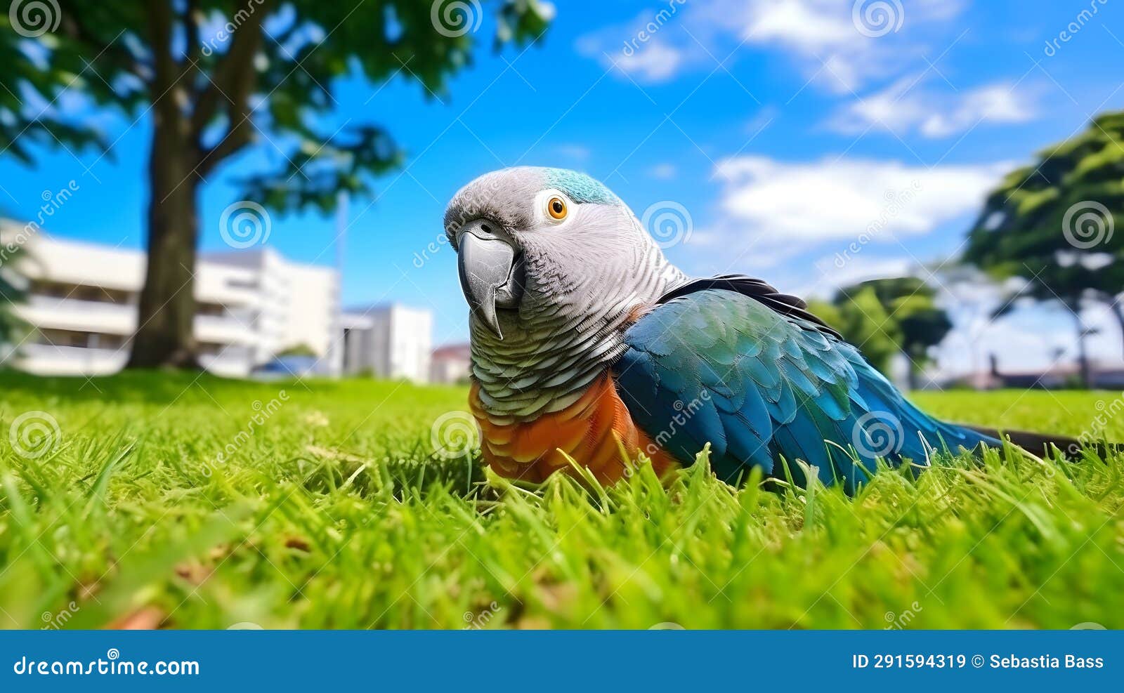 Cute parrot lying on grass stock illustration. Illustration of ...