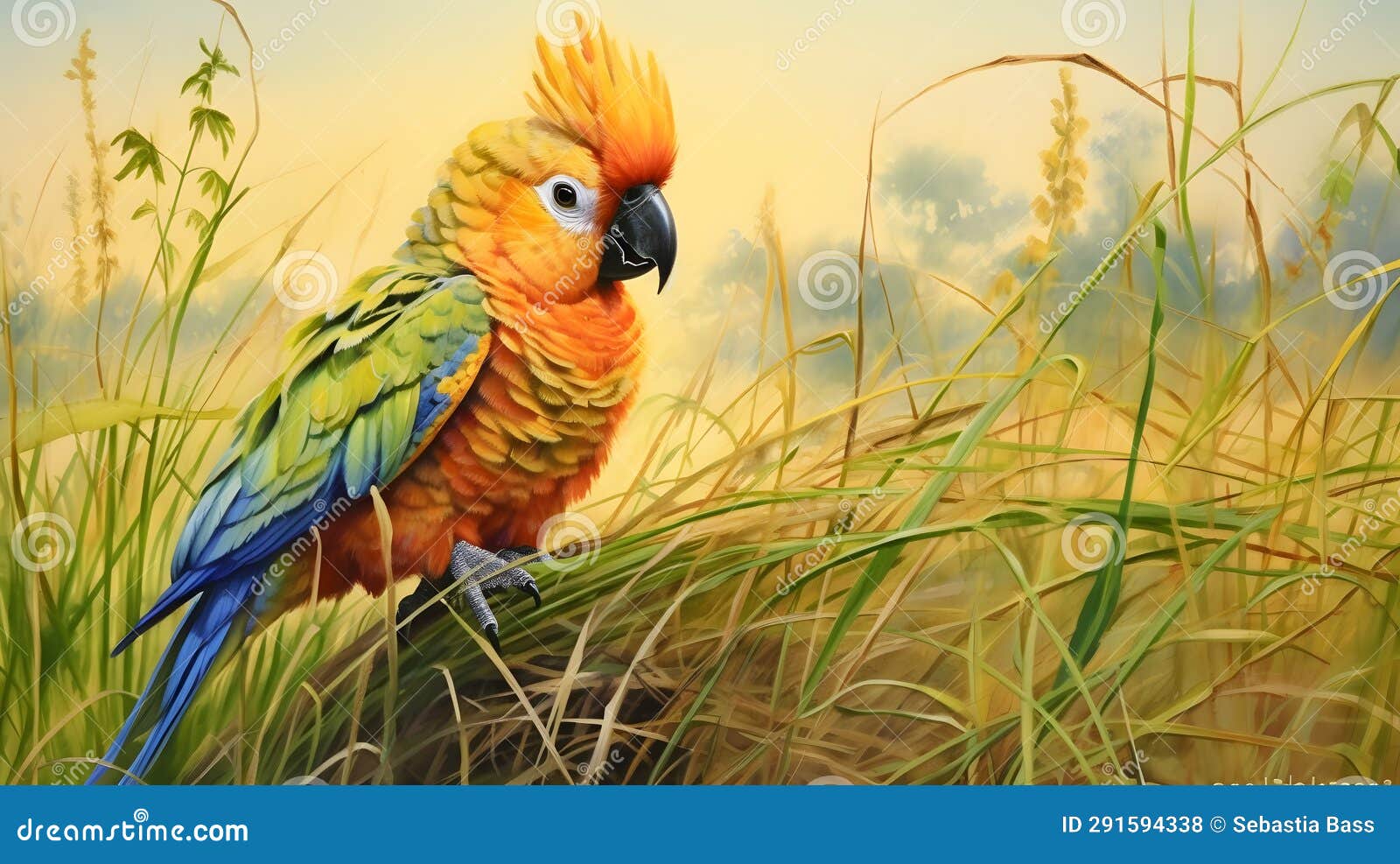 Cute parrot lying on grass stock illustration. Illustration of ...