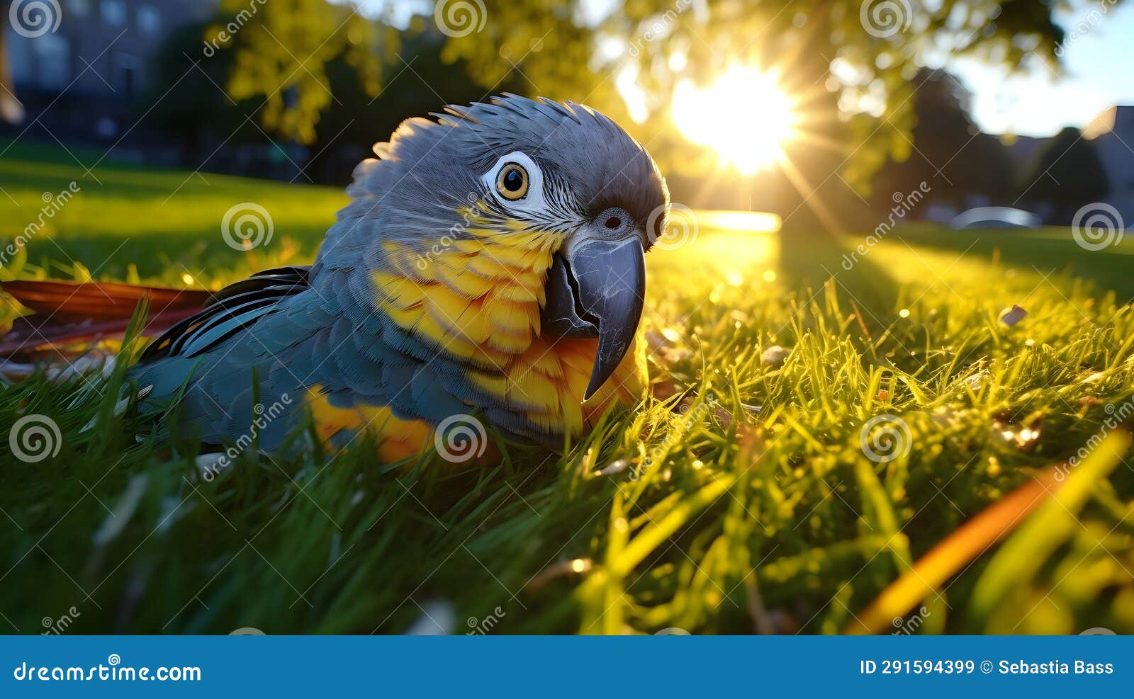 Cute parrot lying on grass stock illustration. Illustration of idea ...