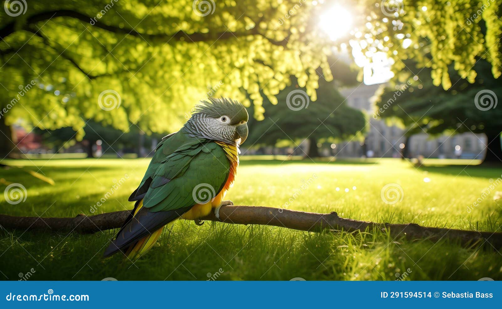 Cute parrot lying on grass stock illustration. Illustration of smile ...