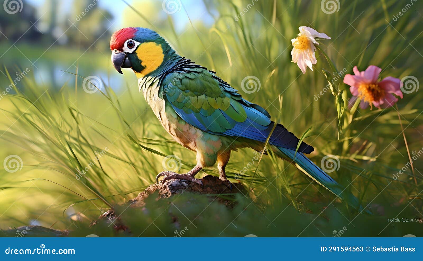 Cute parrot lying on grass stock illustration. Illustration of peace ...