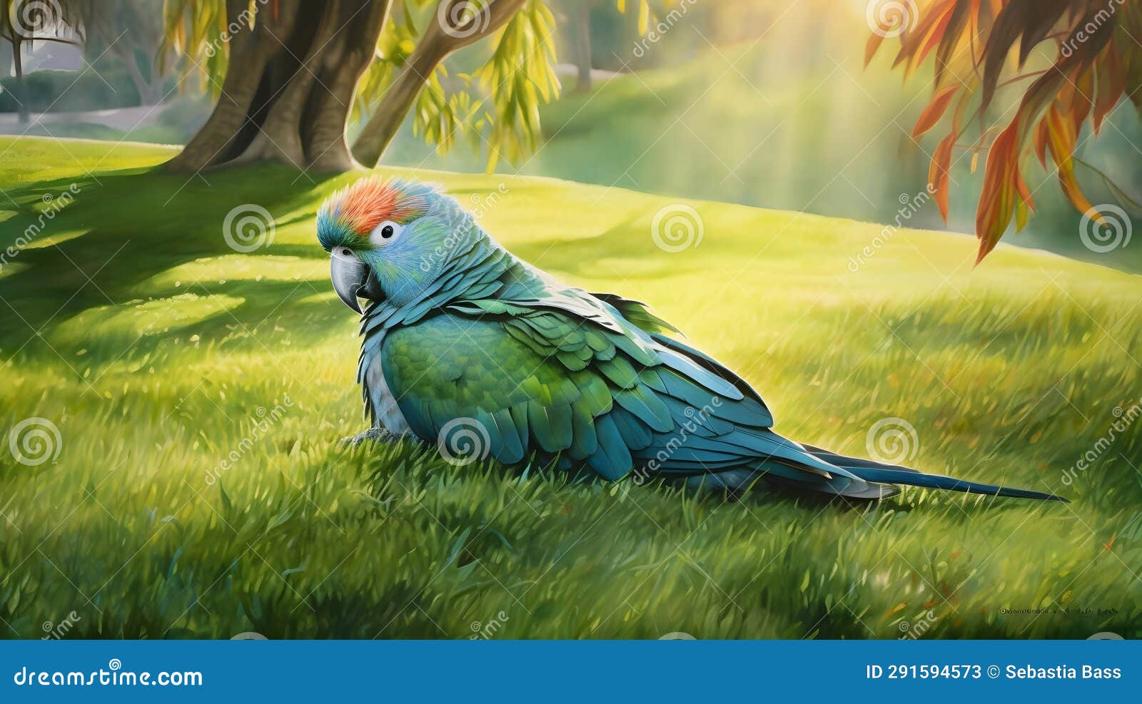 Cute parrot lying on grass stock illustration. Illustration of idea ...