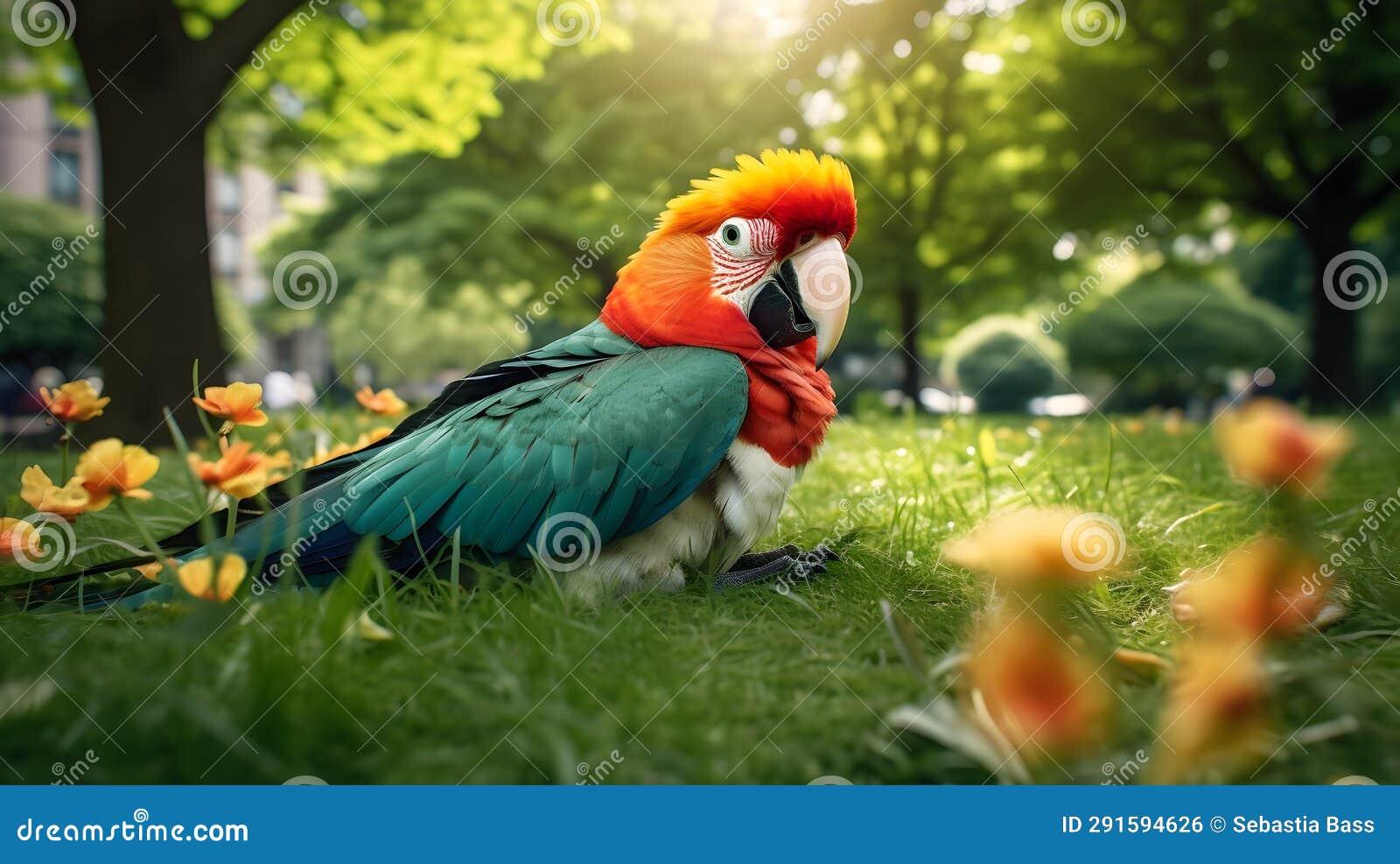 Cute parrot lying on grass stock illustration. Illustration of freedom ...
