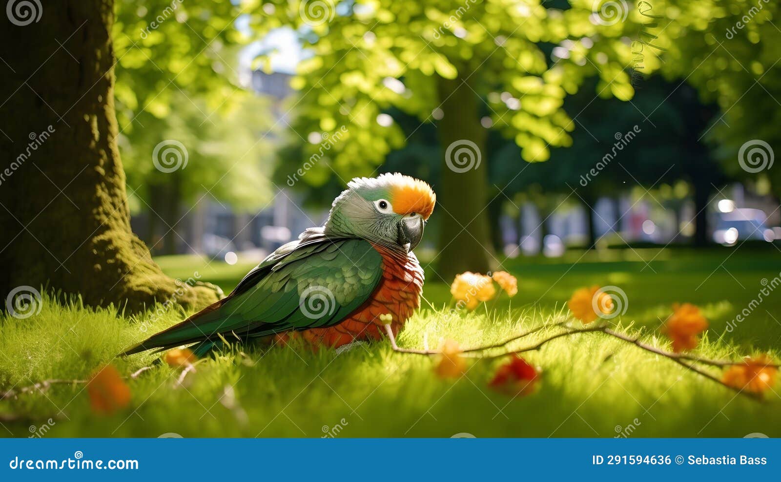 Cute parrot lying on grass stock illustration. Illustration of ...