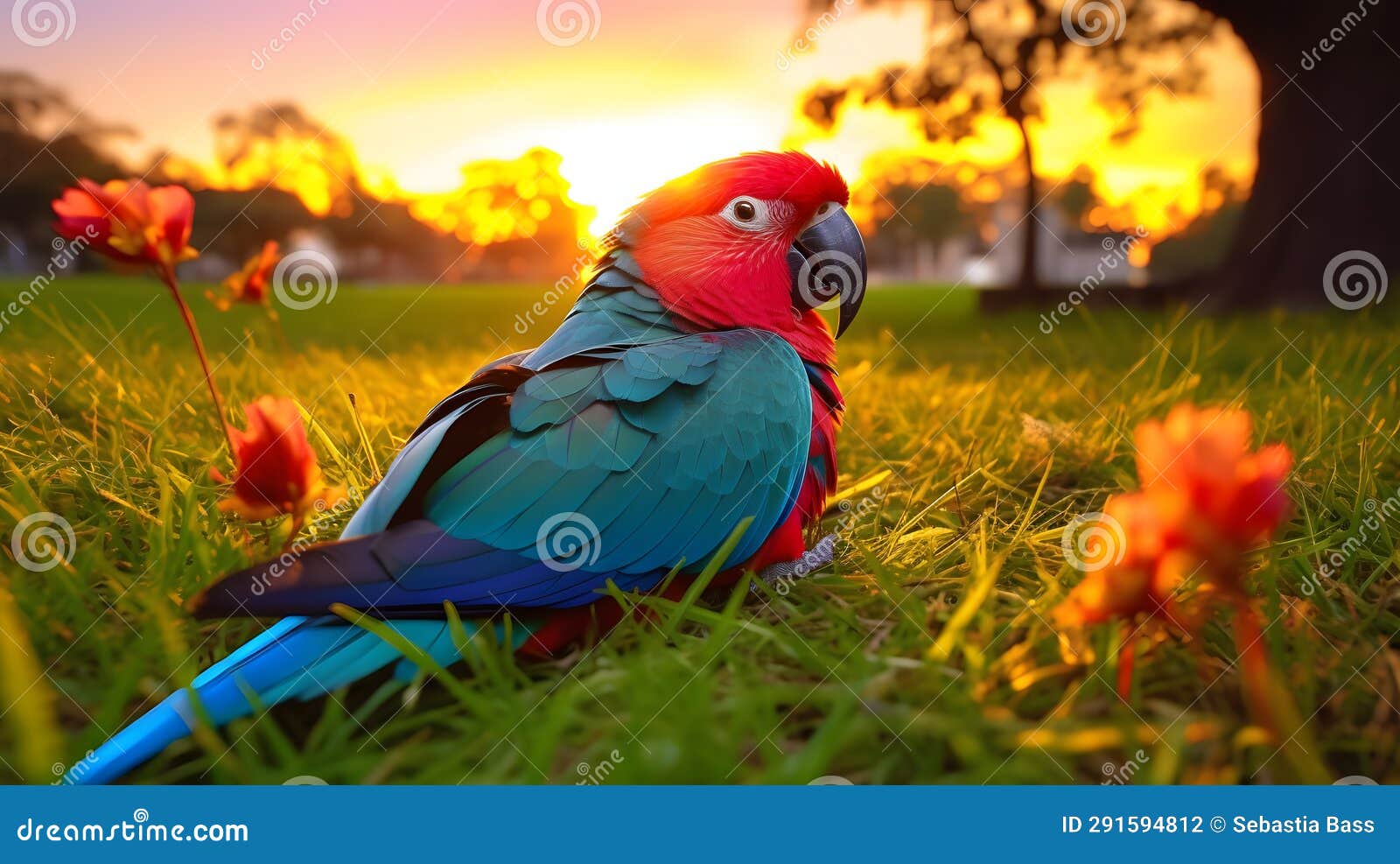 Cute parrot lying on grass stock illustration. Illustration of parrot ...