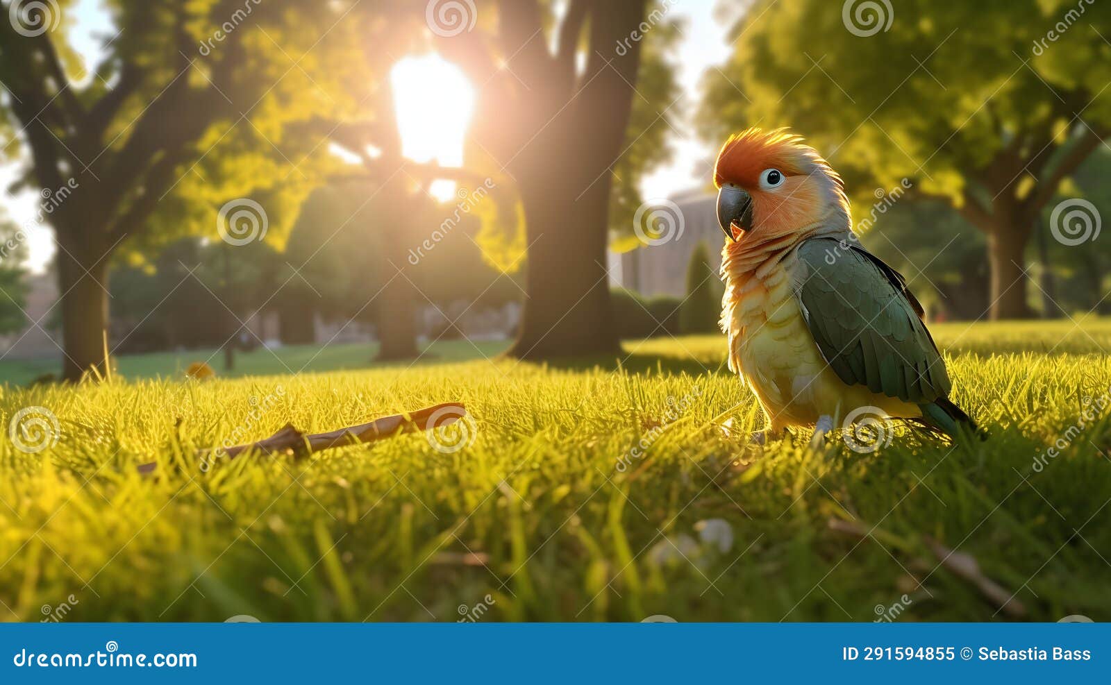 Cute parrot lying on grass stock illustration. Illustration of lying ...