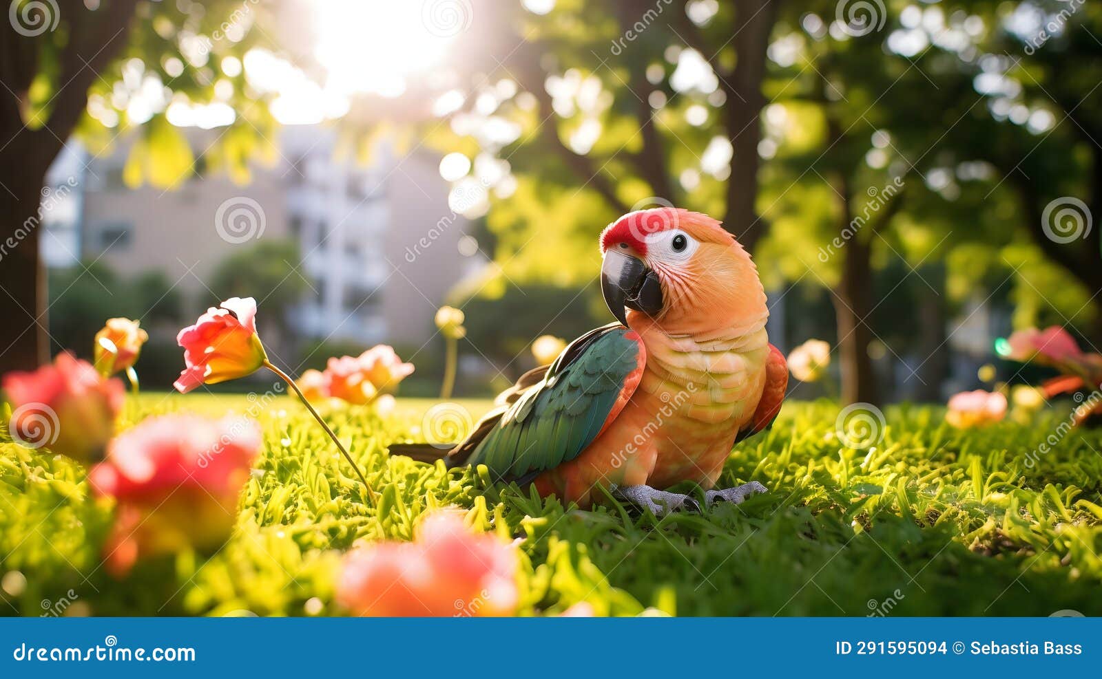 Cute parrot lying on grass stock illustration. Illustration of idea ...