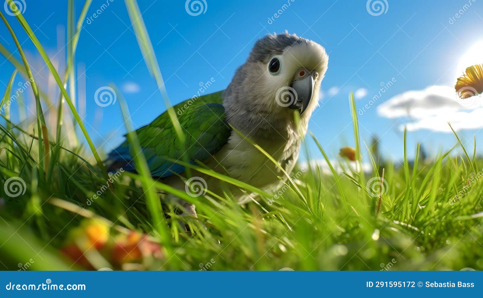 Cute parrot lying on grass stock illustration. Illustration of isolated ...