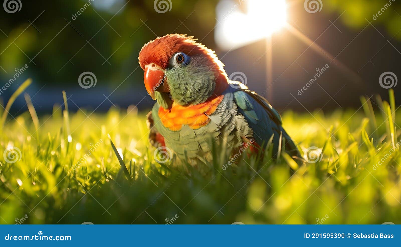 Cute parrot lying on grass stock illustration. Illustration of funny ...