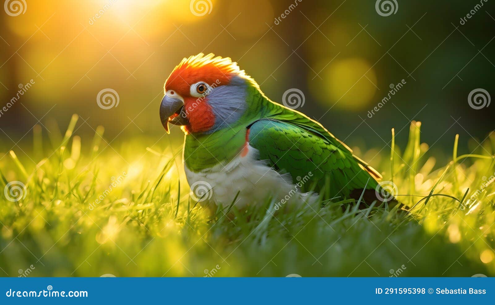 Cute parrot lying on grass stock illustration. Illustration of friendly ...
