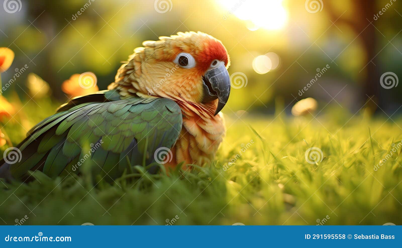 Cute parrot lying on grass stock illustration. Illustration of person ...