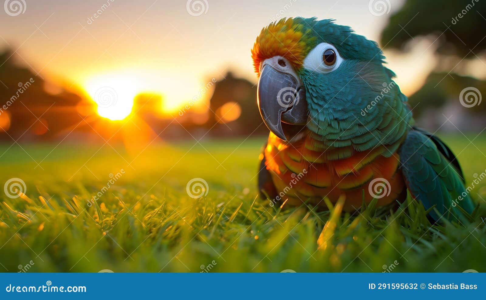 Cute parrot lying on grass stock illustration. Illustration of ...
