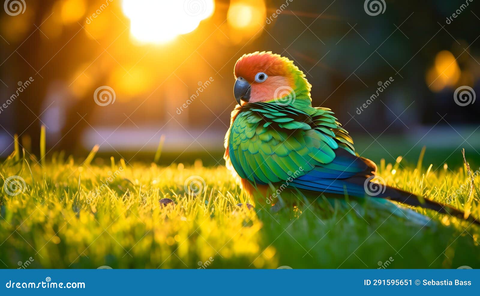 Cute parrot lying on grass stock illustration. Illustration of ...