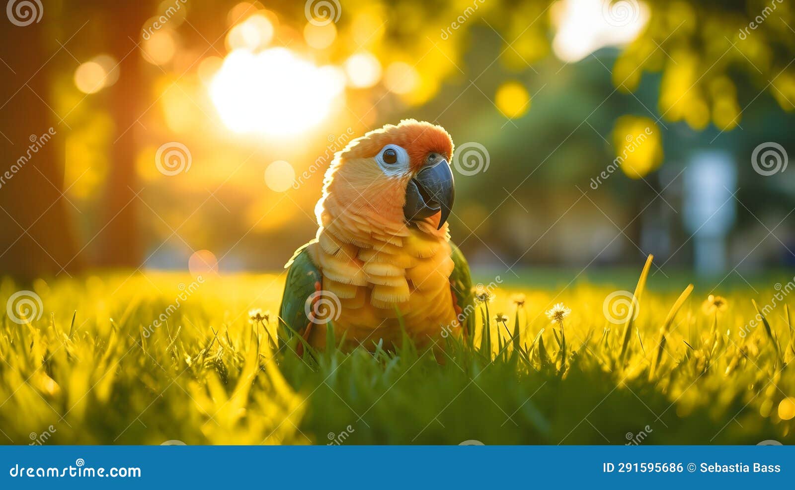 Cute parrot lying on grass stock illustration. Illustration of colours ...
