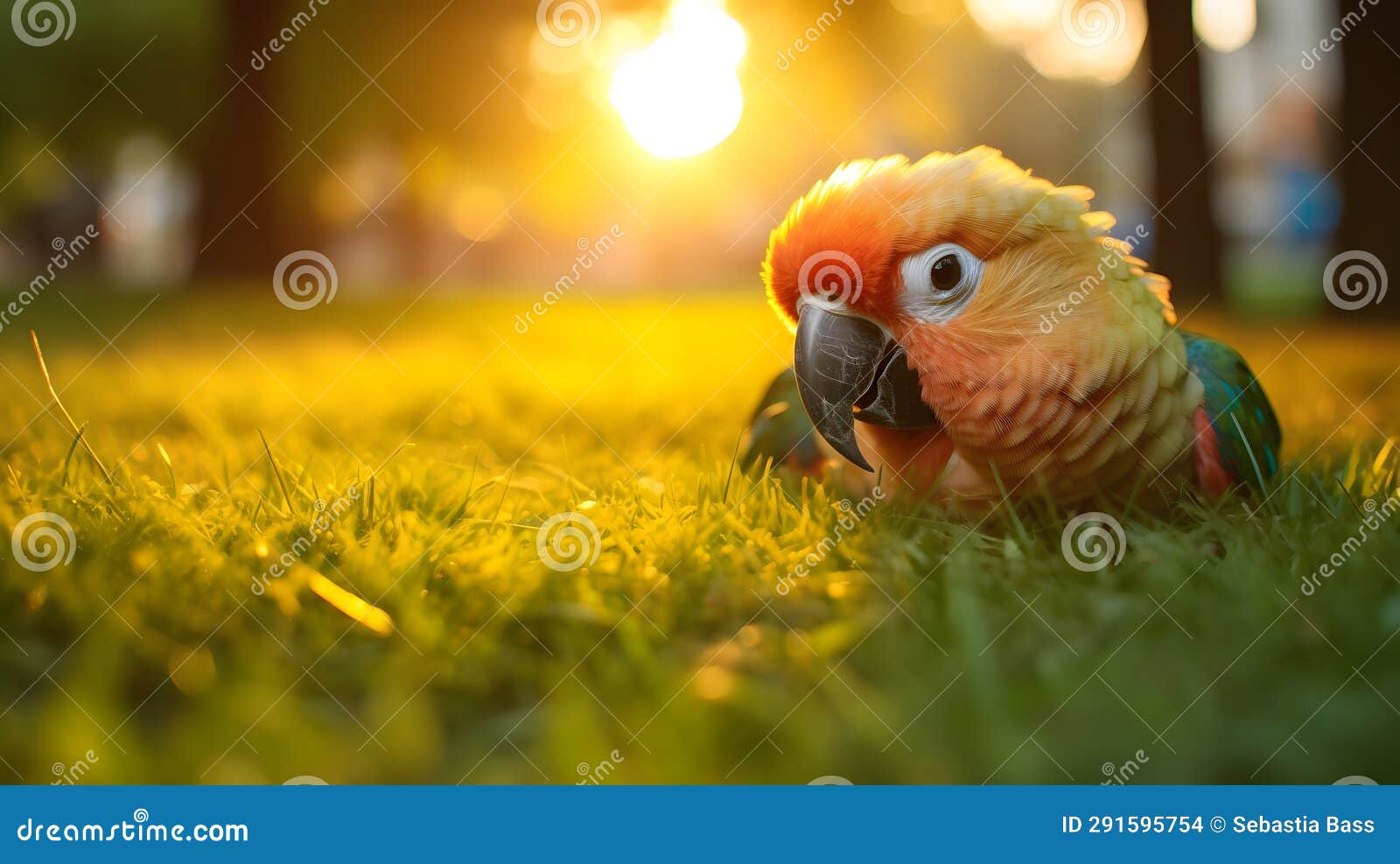 Cute parrot lying on grass stock illustration. Illustration of sitting ...