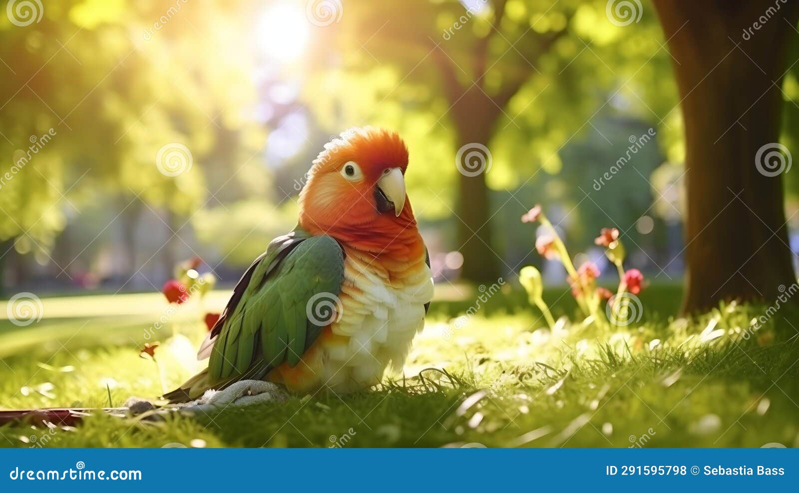 Cute parrot lying on grass stock illustration. Illustration of isolated ...