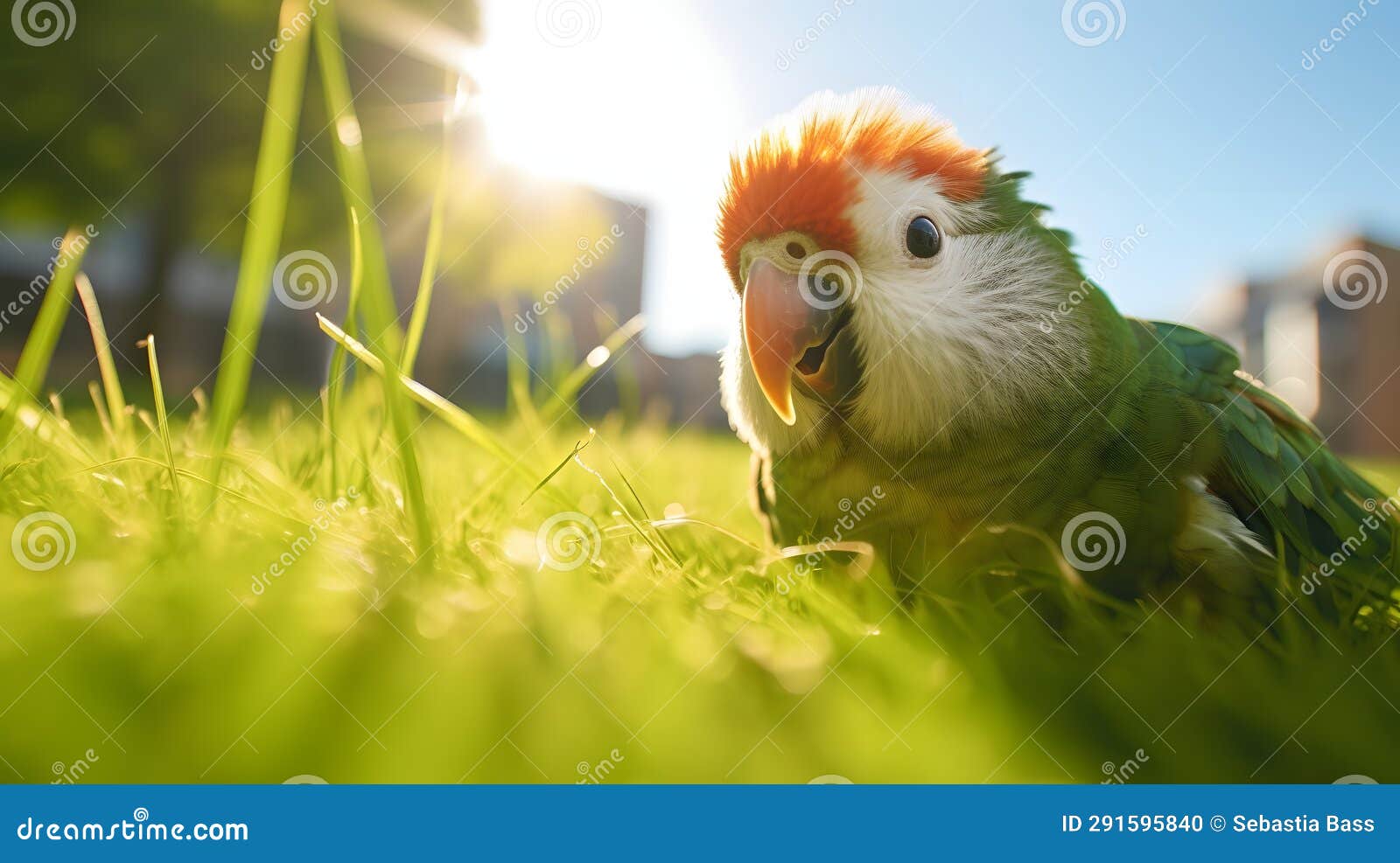 Cute parrot lying on grass stock illustration. Illustration of isolated ...