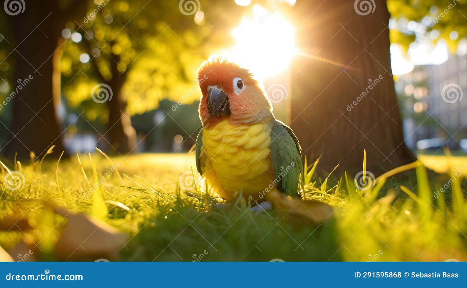 Cute parrot lying on grass stock illustration. Illustration of ...