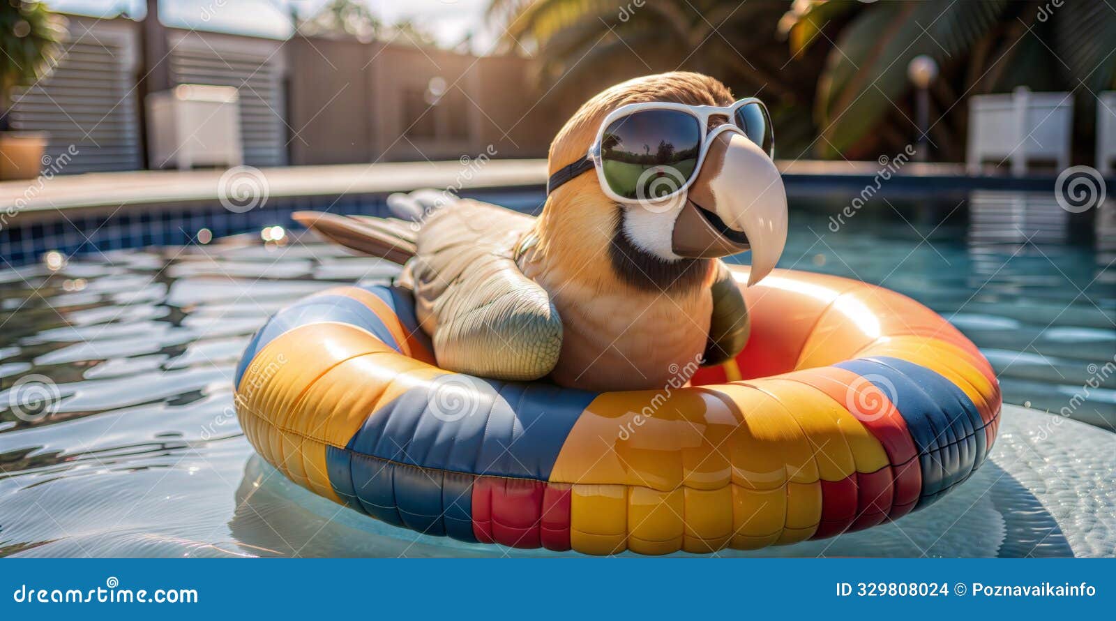 Cute Parrot Wearing Sunglasses Sitting on Colorful Float in Pool Stock ...