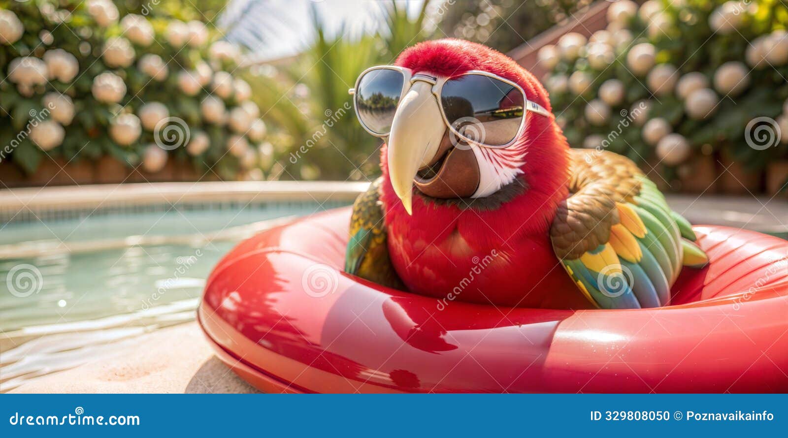 Cute Parrot Wearing Sunglasses Sitting on Colorful Float in Pool Stock ...