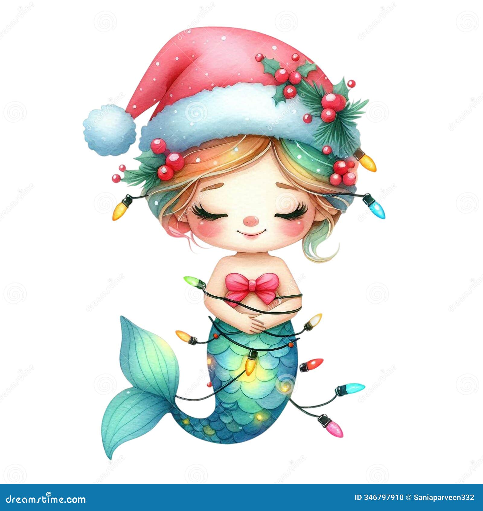 Cute Pastel Christmas Mermaid with Christmas Lights Stock Illustration ...