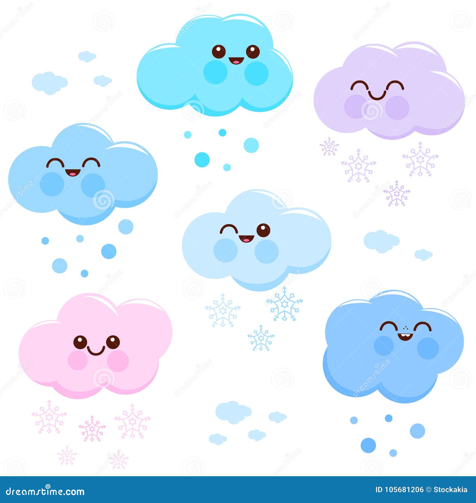 Cute Cloud Characters Snowing. Winter Season Snow Cartoon Clouds With ...