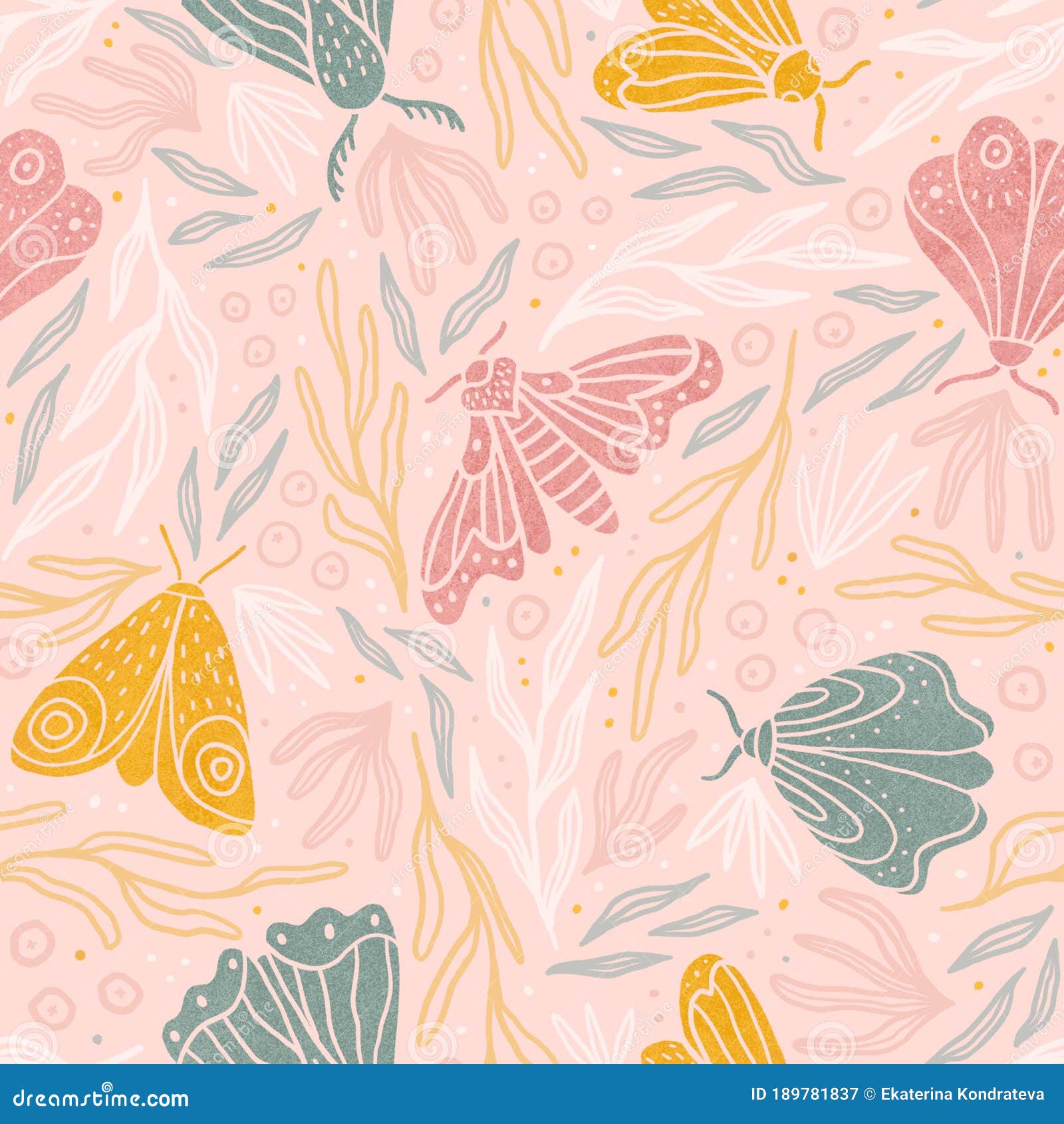 Cute Pastel Moth and Plants Seamless Pattern. Stock Illustration ...