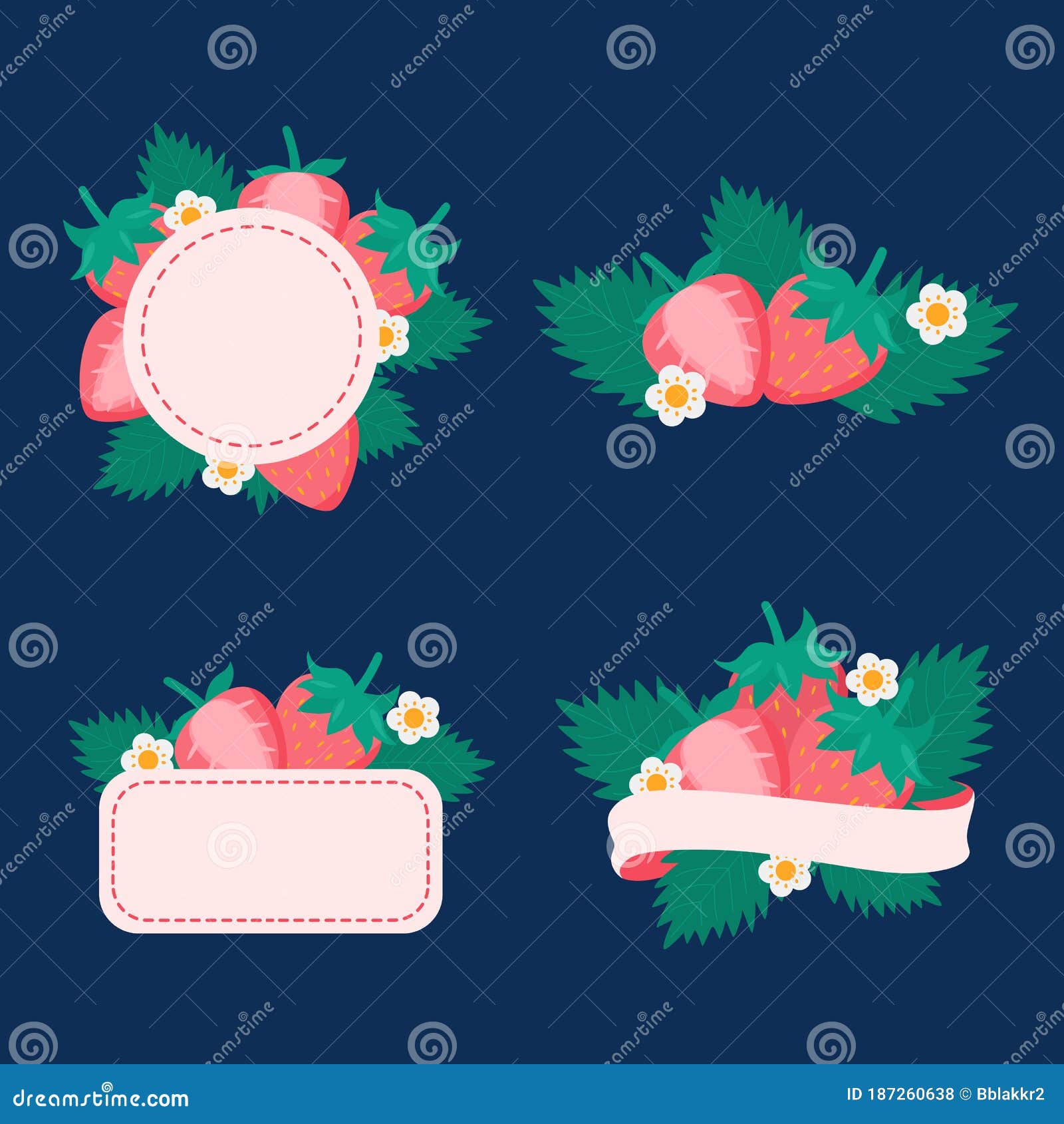 Cute Pastel Pink Strawberries Labels Logo on Deep Blue Background Stock ...