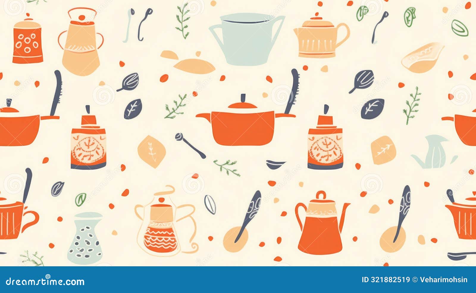 Cute Pattern with Crockery and Kitchen Utensils. Pot, Plates, Kettle ...