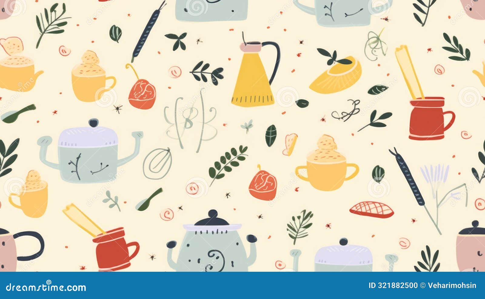 Cute Pattern with Crockery and Kitchen Utensils. Pot, Plates, Kettle ...