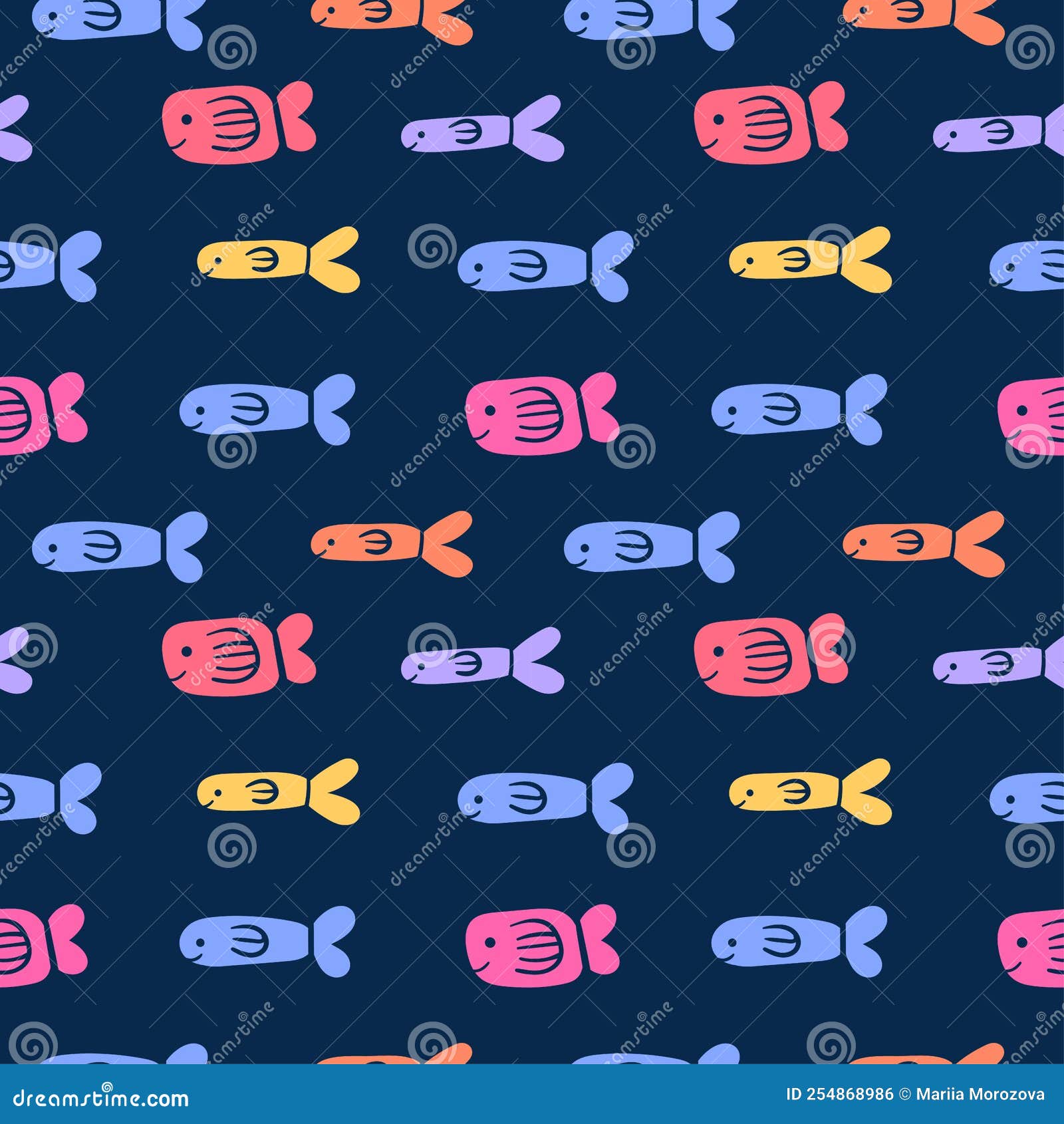 Cute Pattern of a Doodle of Colored Fish on a Dark Blue Background ...