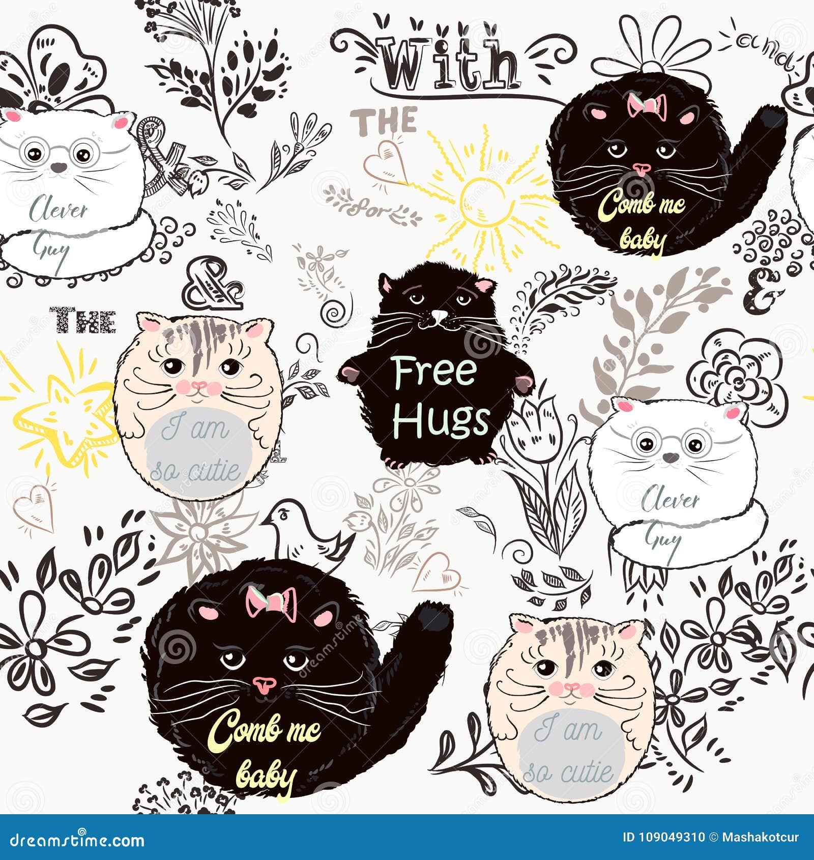 Cute Pattern with Doodles and Pretty Cat Stock Vector - Illustration of ...