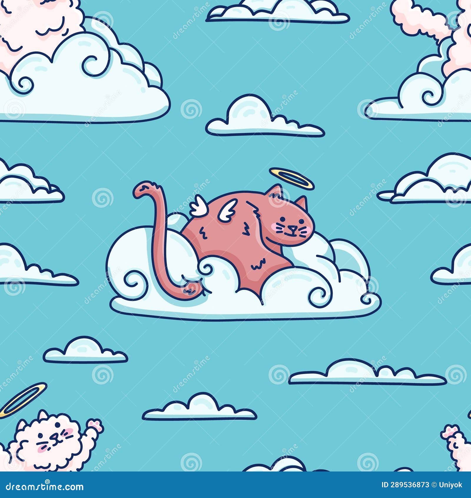 Cute Pattern with Fluffy Angel Cat on Cloud. Seamless Pattern for ...