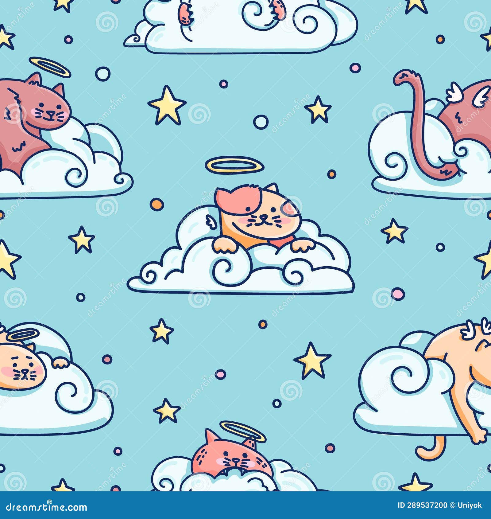 Cute Pattern with Fluffy Angel Cat on Cloud. Seamless Pattern for ...
