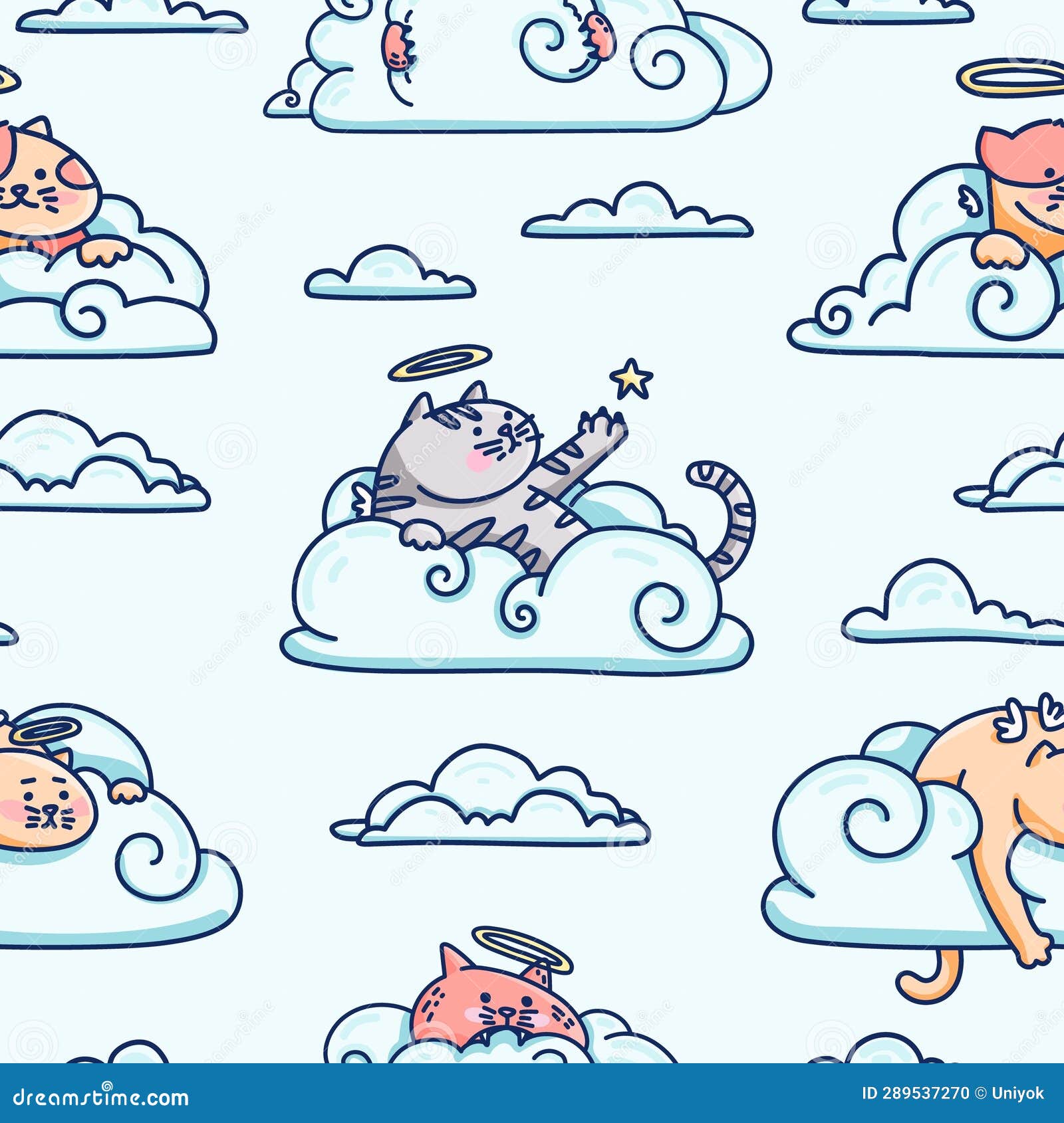 Cute Pattern with Fluffy Angel Cat on Cloud. Seamless Pattern for ...