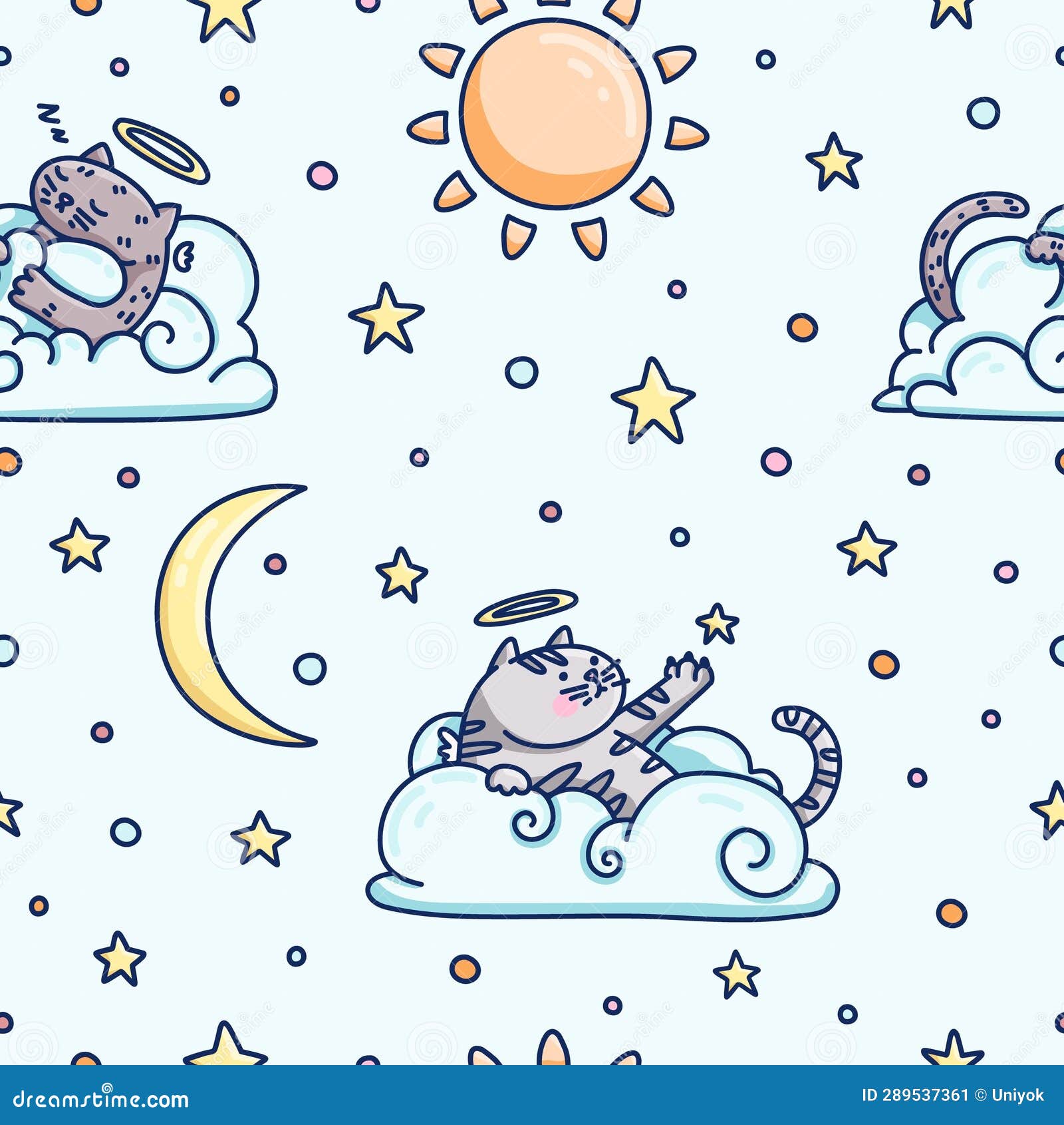 Cute Pattern with Fluffy Angel Cat on Cloud. Seamless Pattern for ...