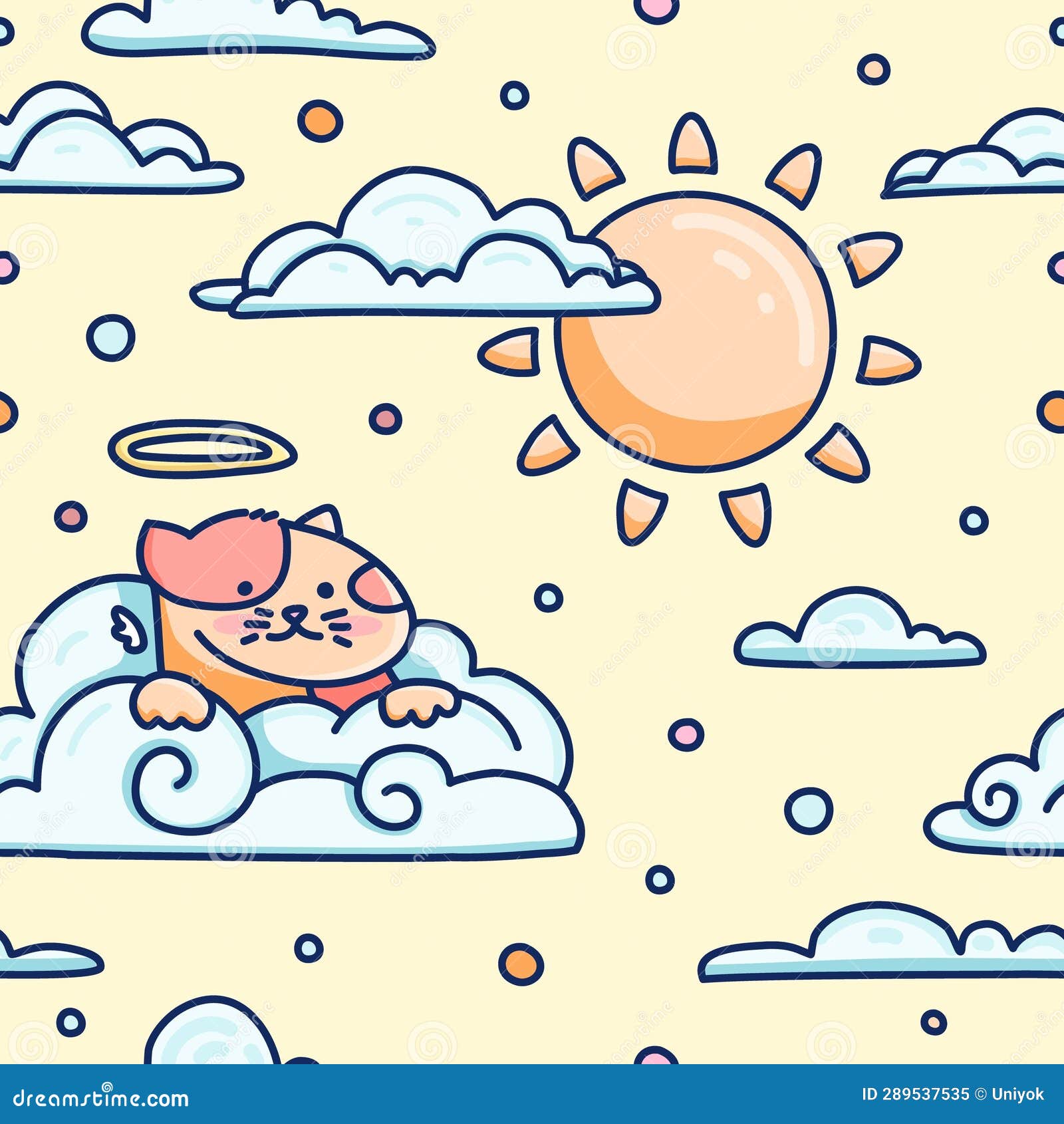 Cute Pattern with Fluffy Angel Cat on Cloud. Seamless Pattern for ...
