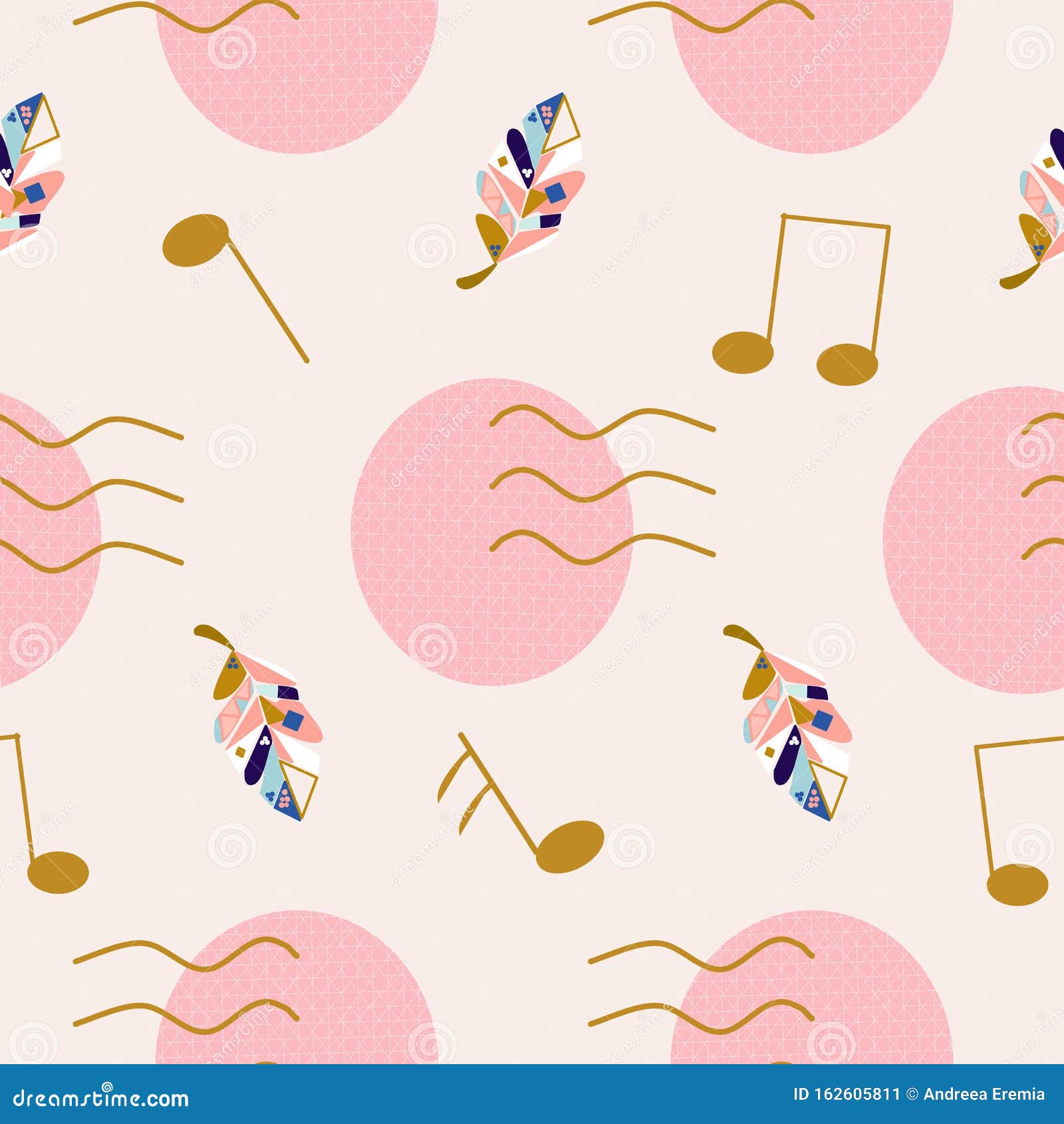 Cute Pattern with Geometric Elements, Music Notes and Colorful Leaves ...