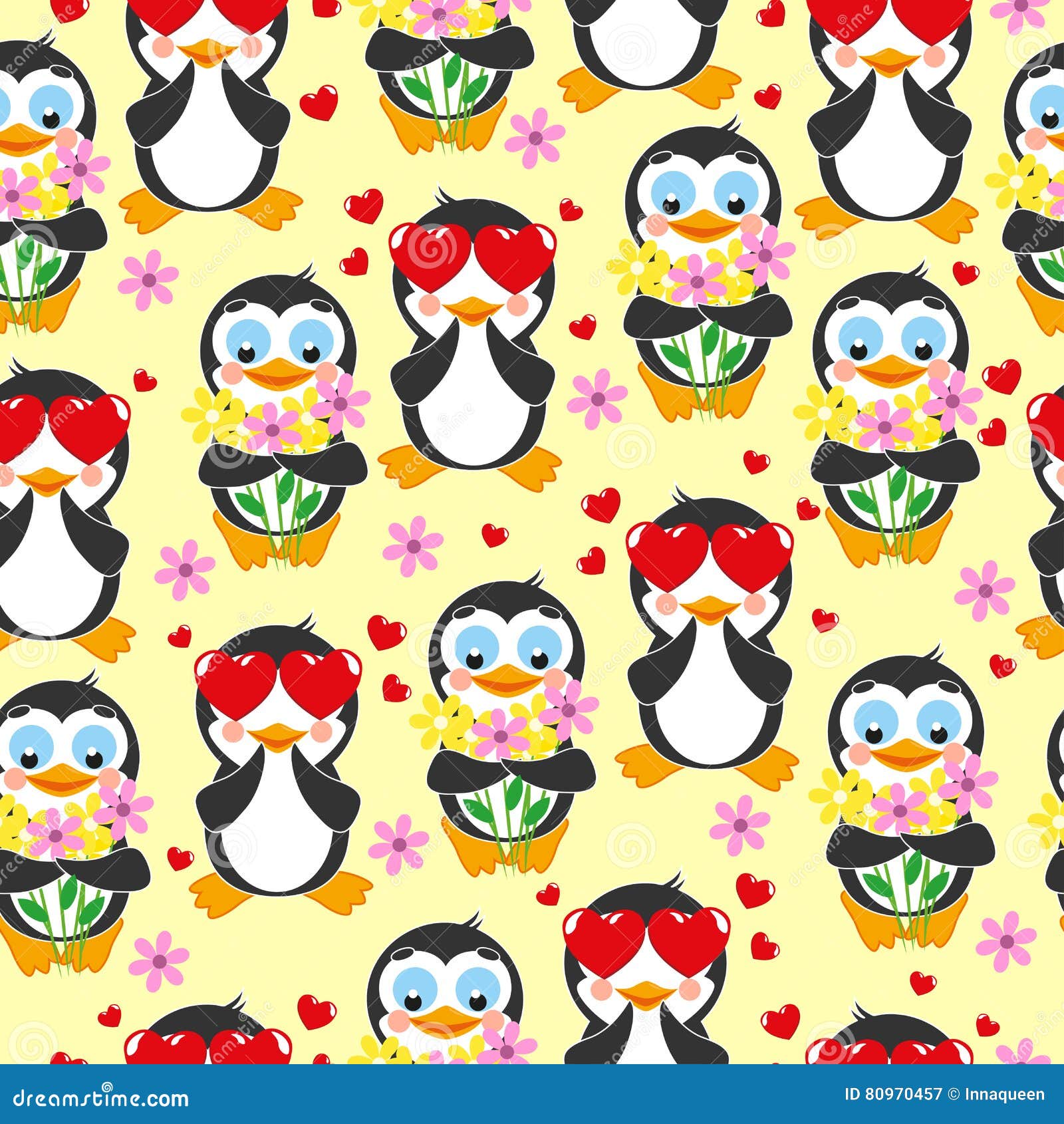 Cute Pattern. Love Penguin and Penguin with Bouquet of Flowers Stock ...