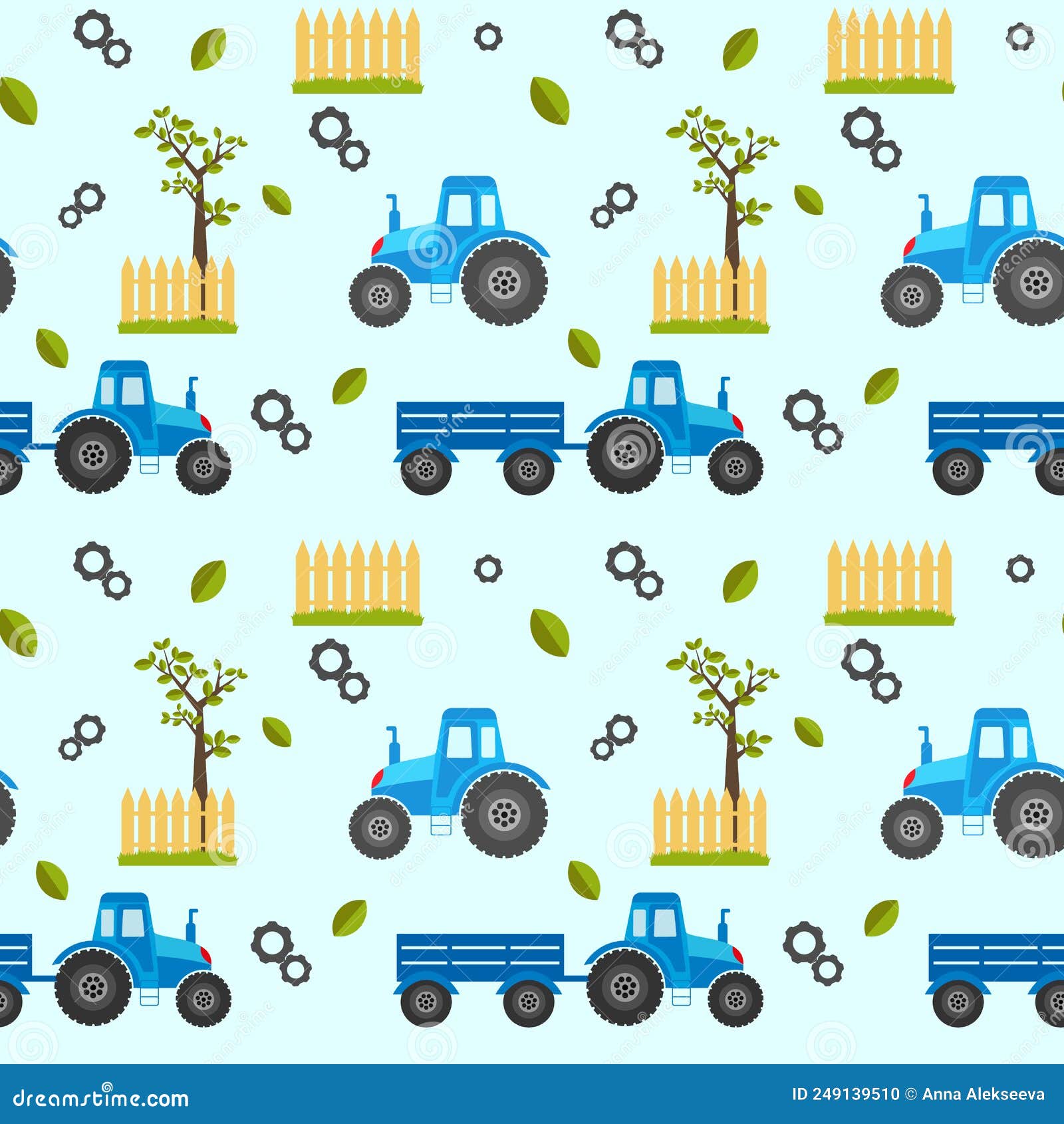 Cute Pattern of a Tractor, Tractor with Cart, Fence, and Tree Stock ...