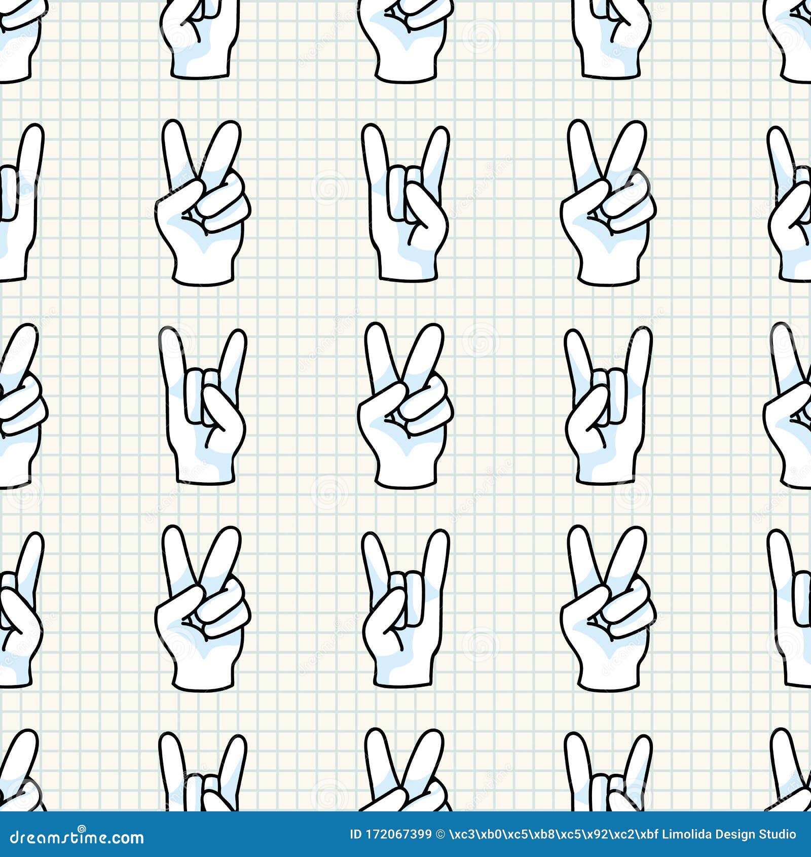Cute Peace and Rock on Hand Symbol Seamless Vector Pattern. Hand Drawn ...